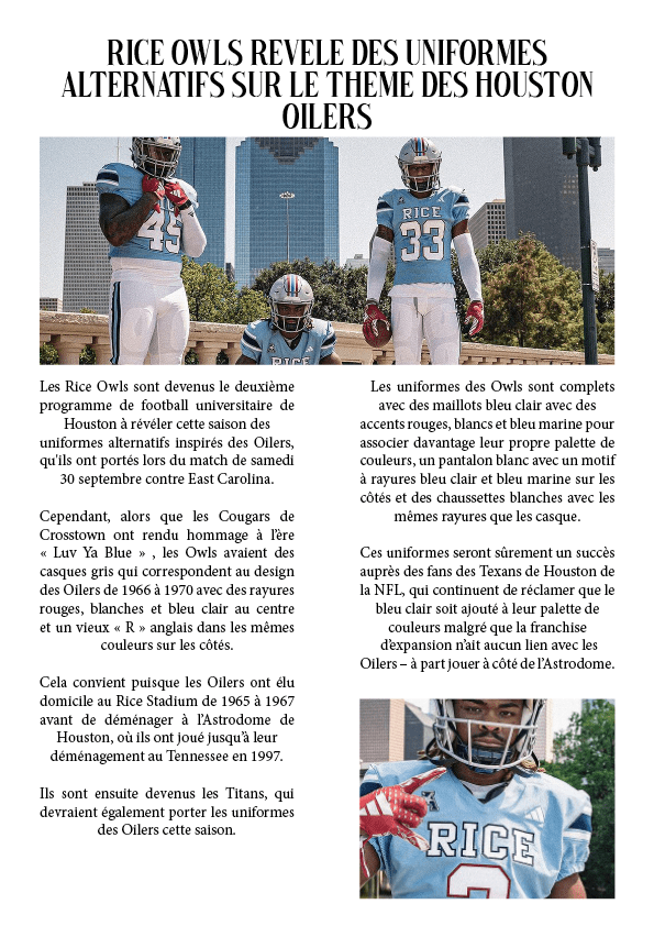 Rice Owls révèle des uniformes alternatifs sur le thème des Houston Oilers